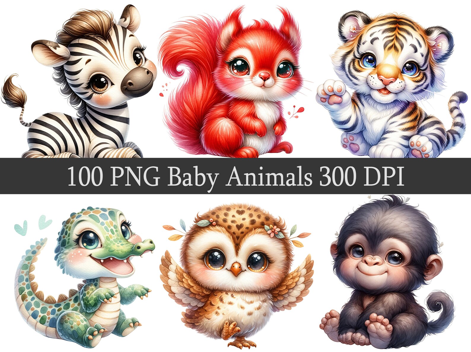 Watercolor Baby Animals Clipart PNG Clipart Bundle, Jungle Animals ...