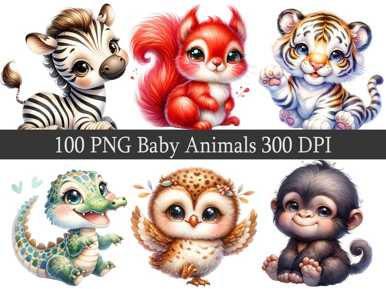 Watercolor Baby Animals Clipart PNG Clipart Bundle, Jungle Animals ...