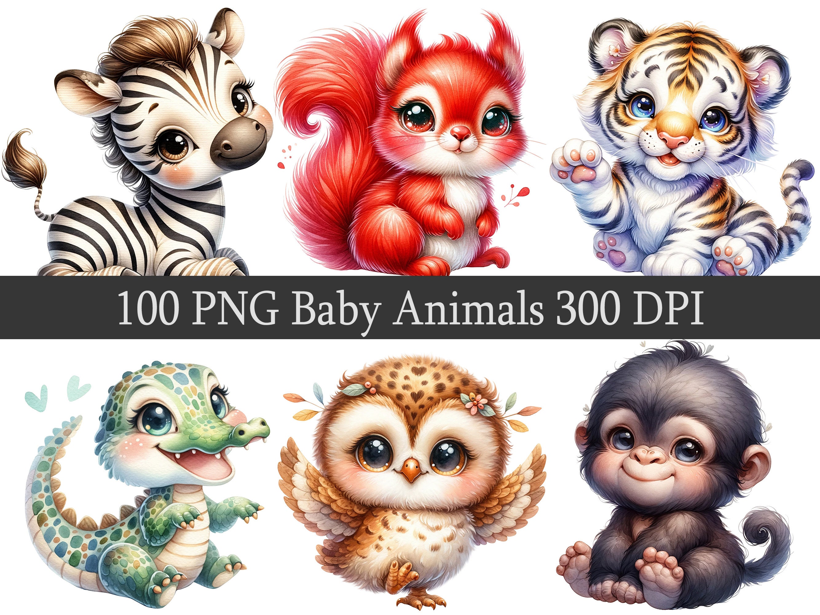 Watercolor Baby Animals Clipart PNG Clipart Bundle, Jungle Animals ...