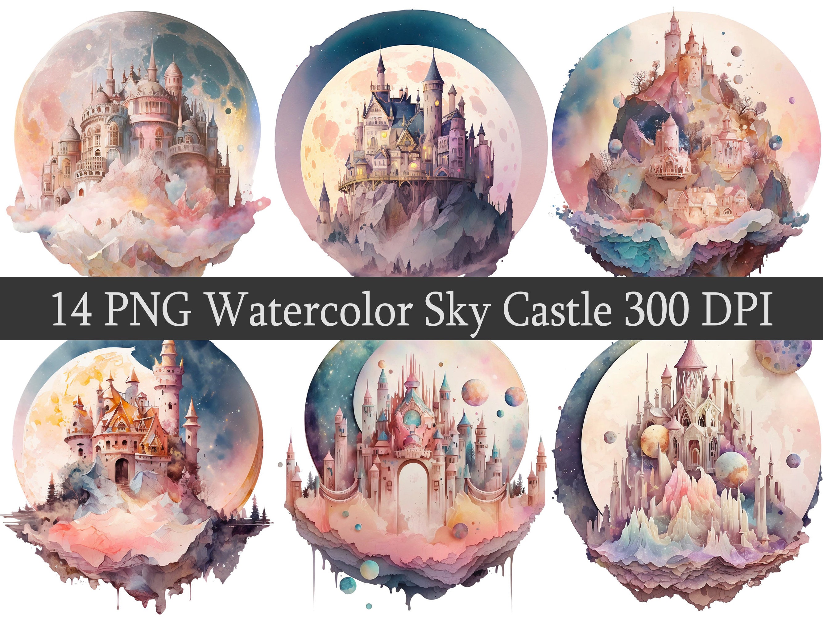 Watercolor Sky Castle PNG Clipart Bundle, Scrapbooking, Magic Castle ...