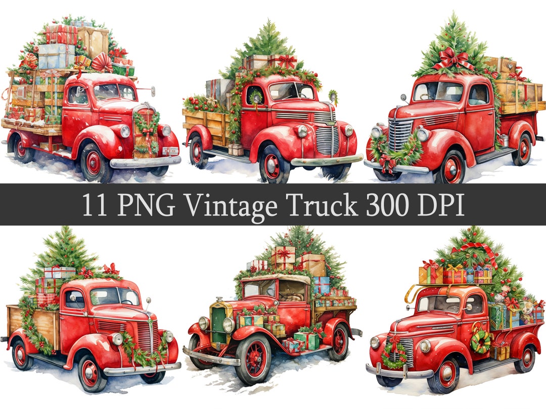 Watercolor Christmas Vintage Truck PNG Clipart Bundle, Instant Download ...
