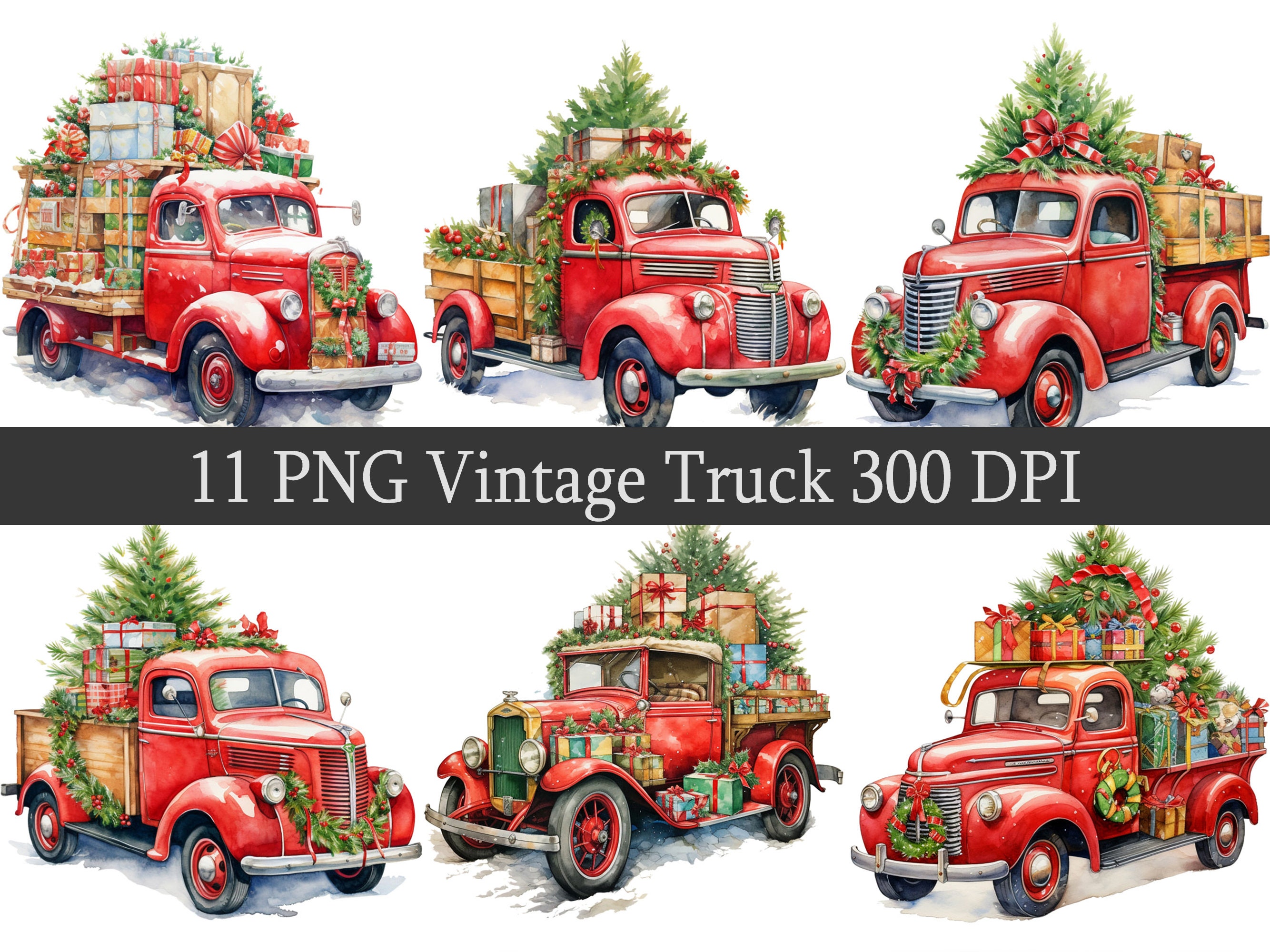 Watercolor Christmas Vintage Truck PNG Clipart Bundle Instant - Etsy