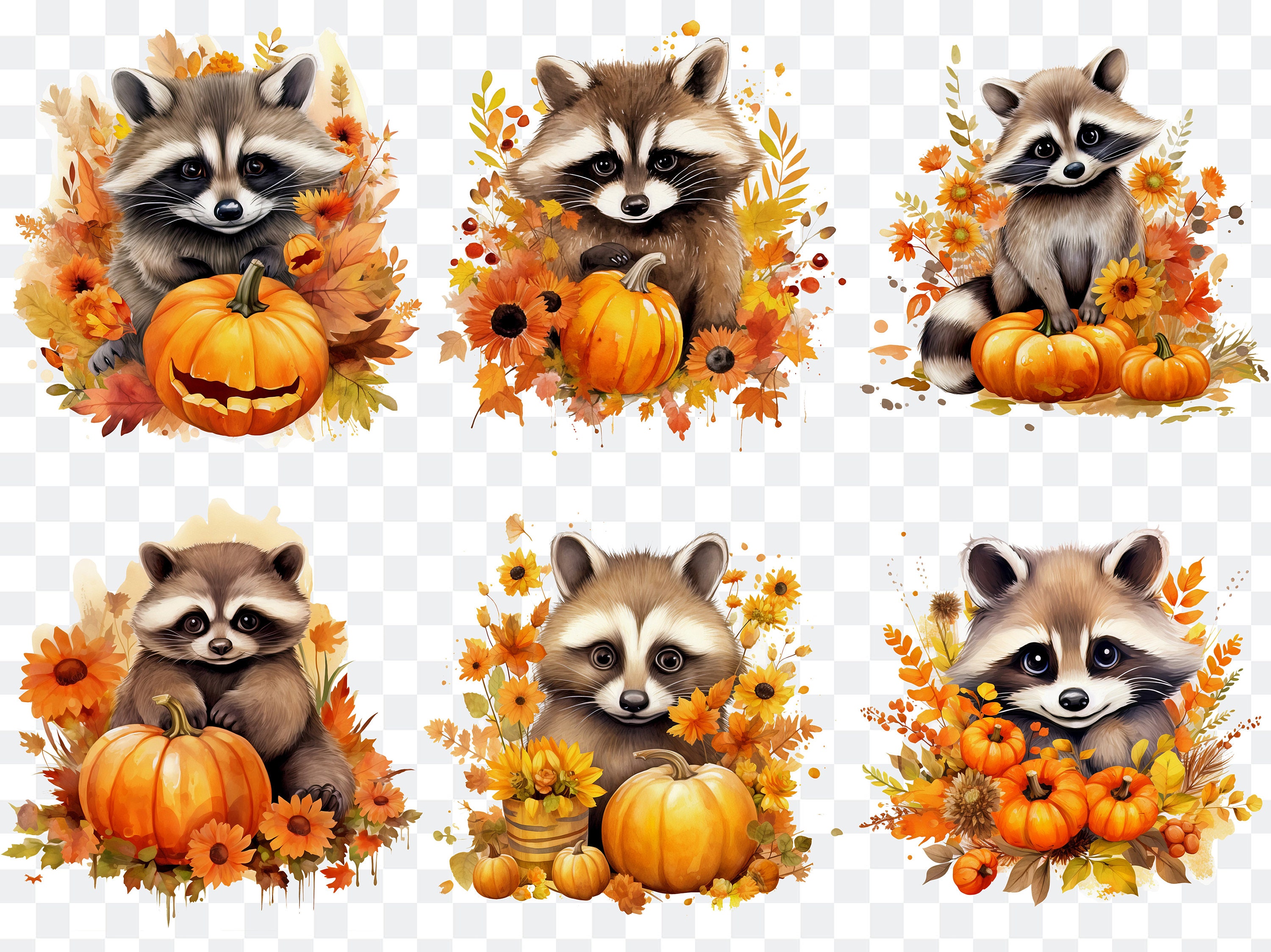 Watercolor Autumn Raccoon PNG Clipart Bundle, Instant Download, Cute ...