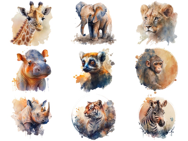 Watercolor Safari Animals PNG Clipart Bundle, Africa Wild Animals, Lion ...