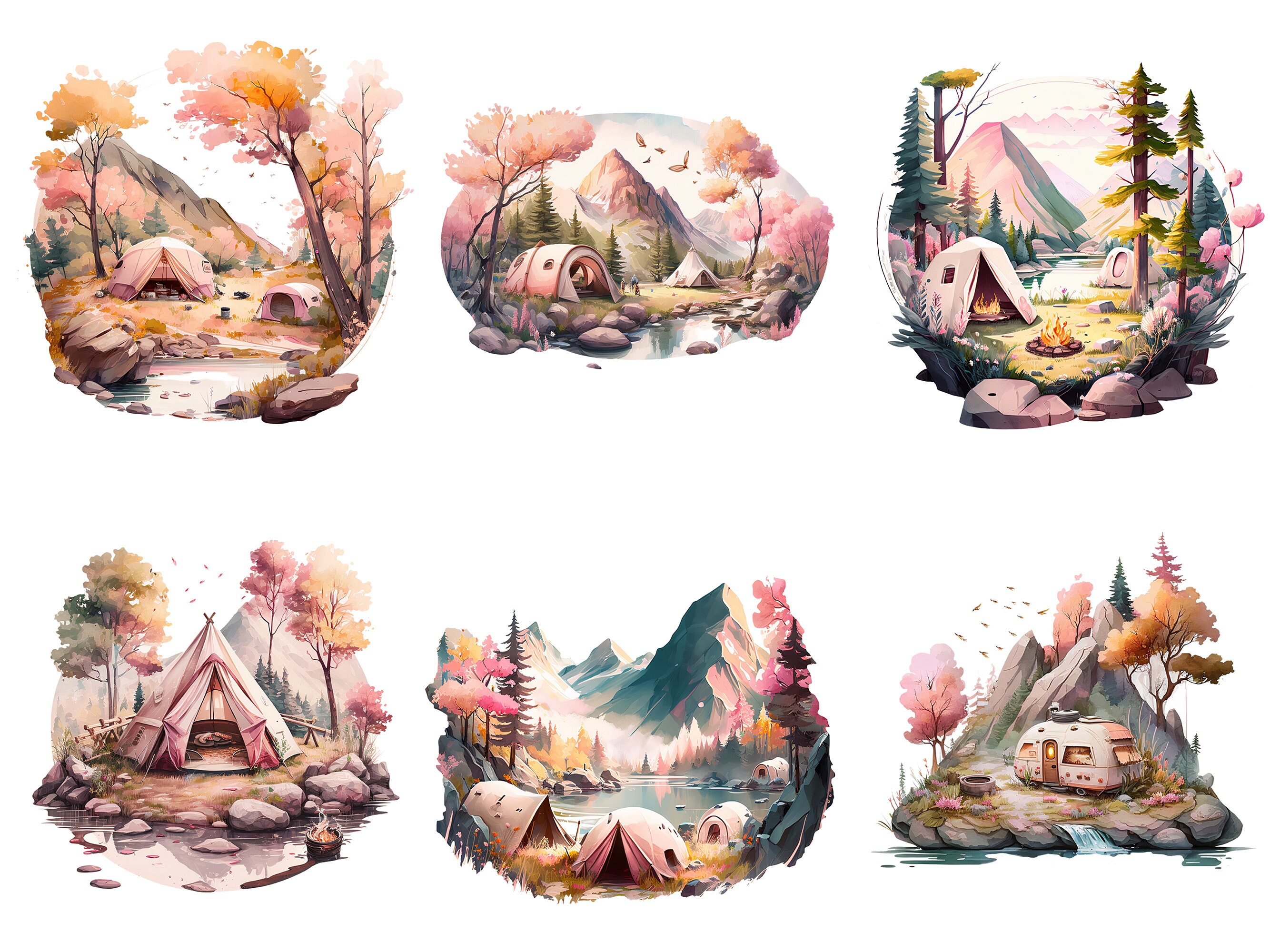 Watercolor Camping in the Woods PNG Clipart Bundle, Scrapbooking, Camp ...
