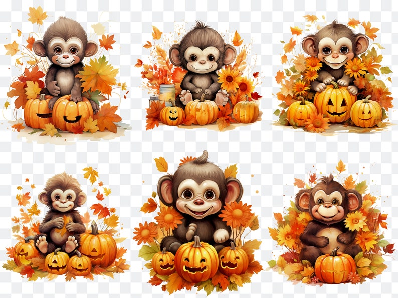 Watercolor Autumn Monkey PNG Clipart Bundle Instant Download - Etsy