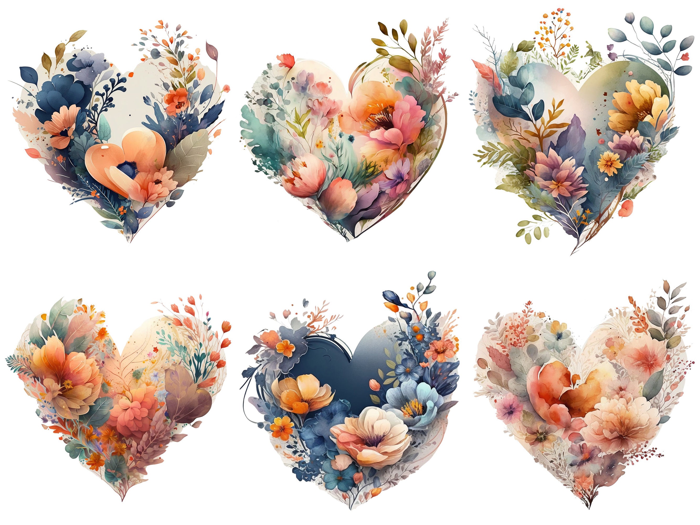 Watercolor Floral Hearts PNG Clipart Bundle Scrapbooking - Etsy