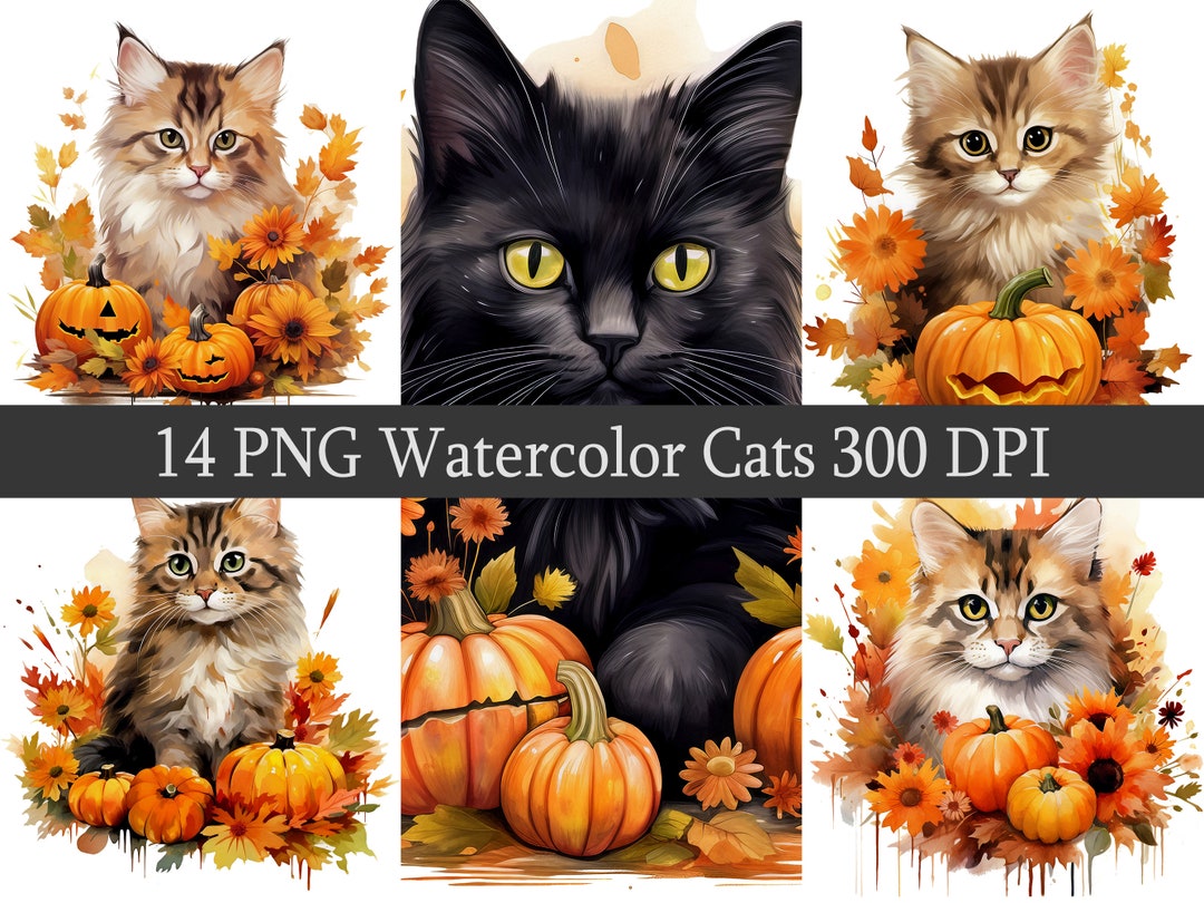 Watercolor Autumn Cats PNG Clipart Bundle, Instant Download, Cute Cats ...