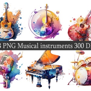 Watercolor Musical Instruments PNG Clipart Bundle, Scrapbooking, Guitar ...