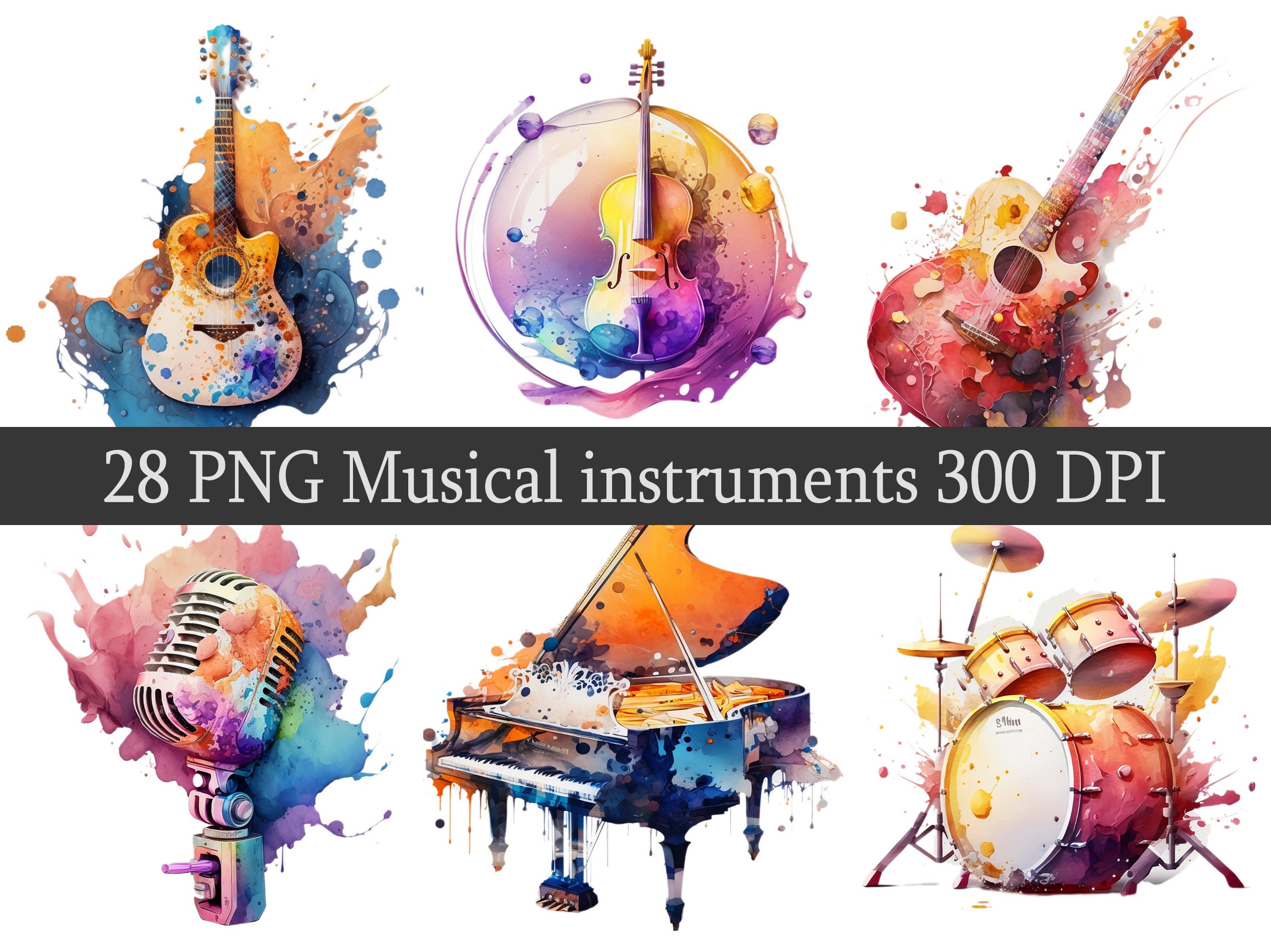 Watercolor Musical Instruments PNG Clipart Bundle, Scrapbooking, Guitar ...
