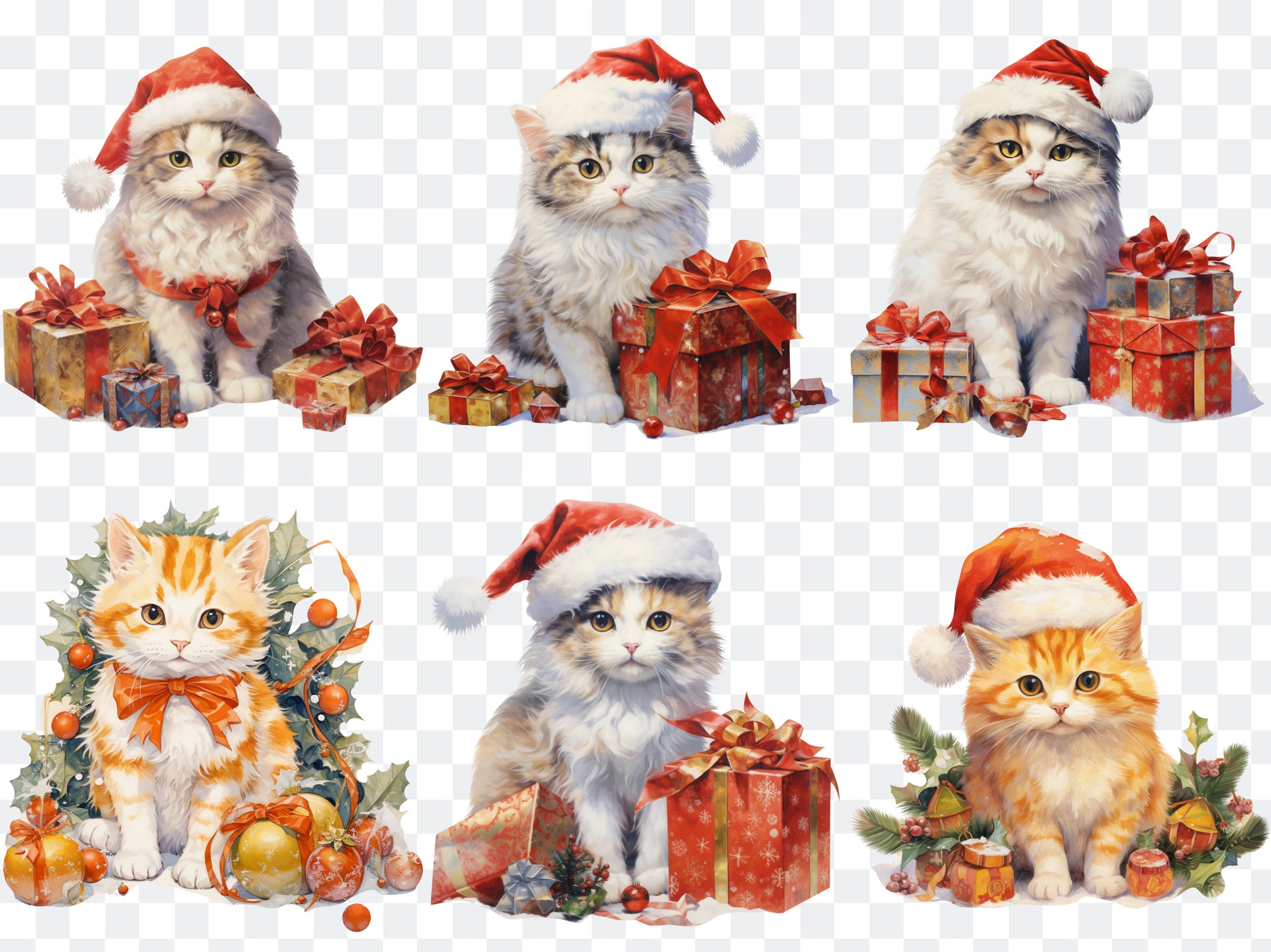 Watercolor Christmas Cat PNG Clipart Bundle Instant Download - Etsy