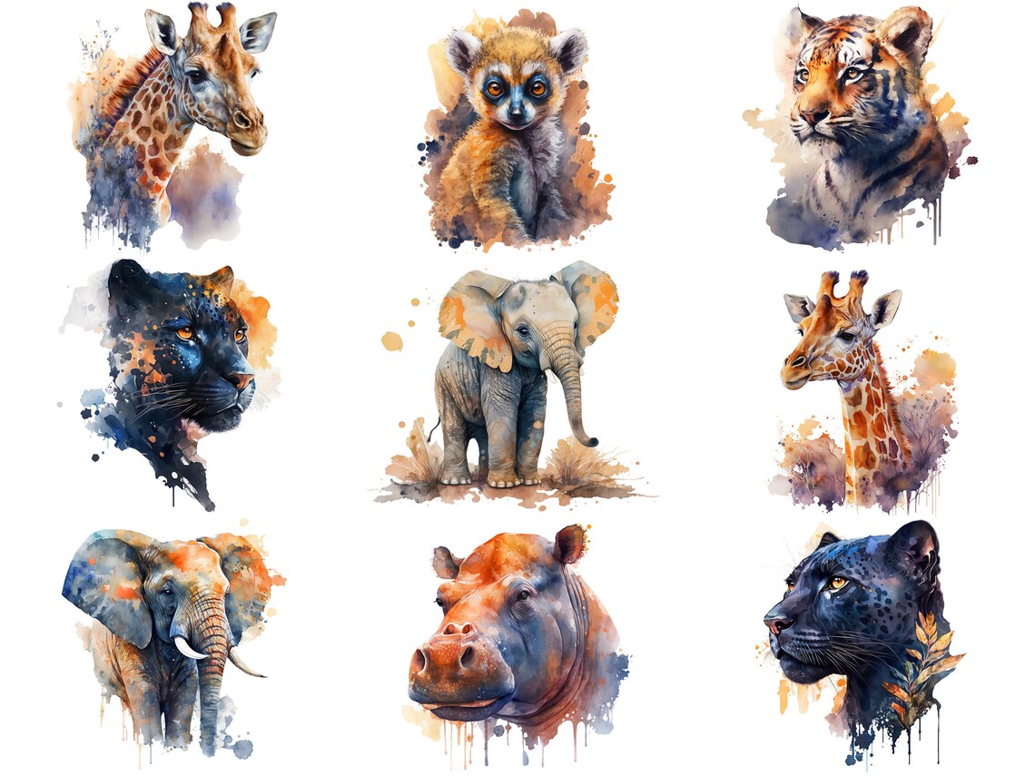 Watercolor Safari Animals PNG Clipart Bundle, Africa Wild Animals, Lion ...