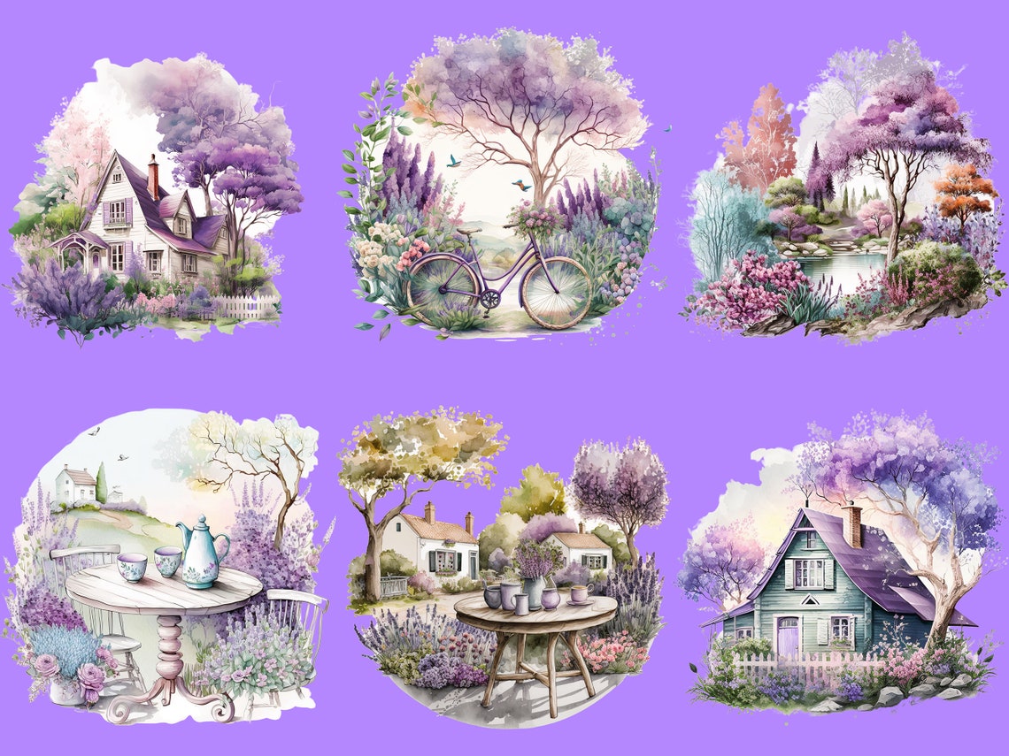 Watercolor Lavender Cottage PNG Clipart Bundle Landscape Clip - Etsy