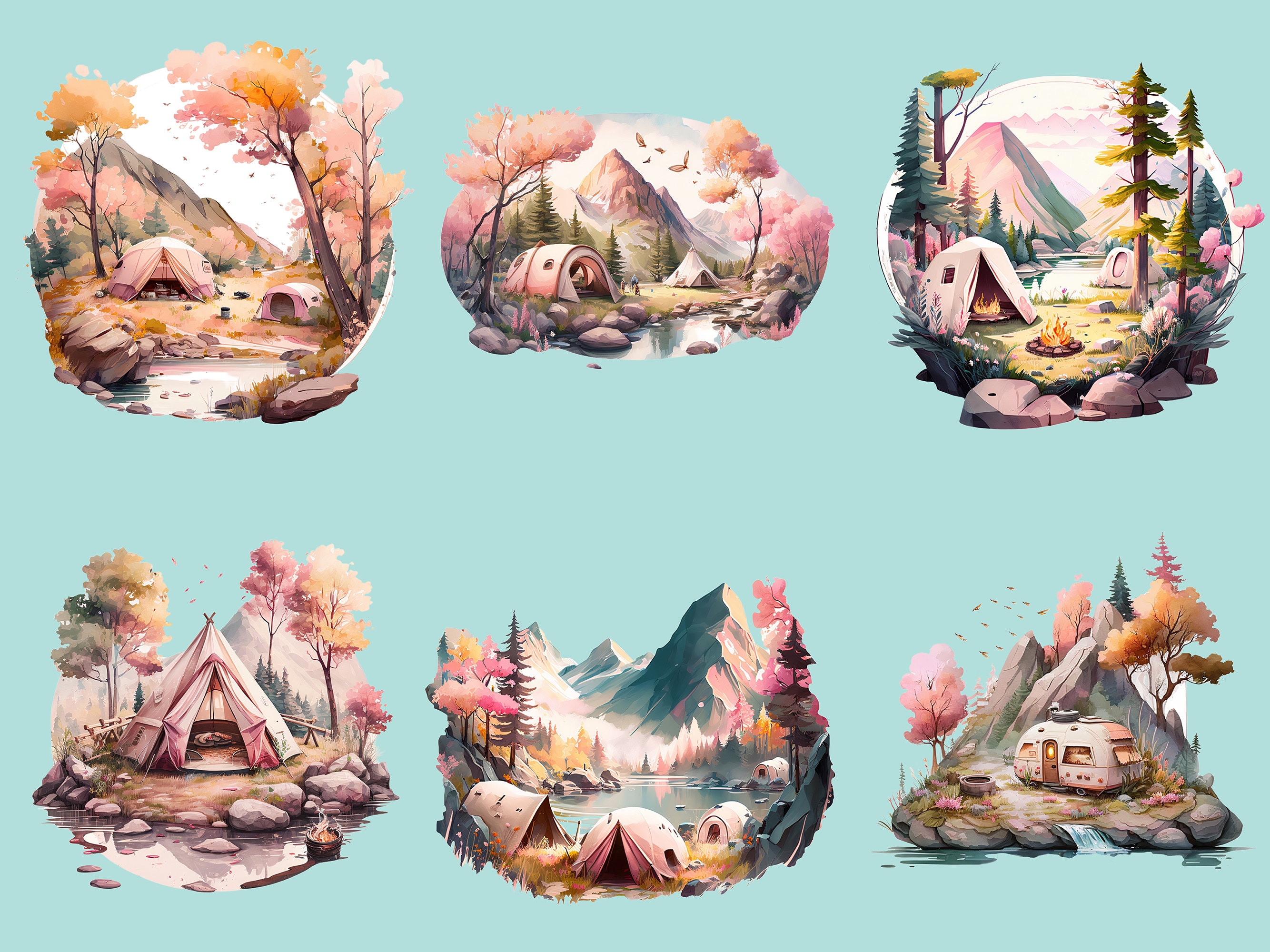 Watercolor Camping in the Woods PNG Clipart Bundle, Scrapbooking, Camp ...