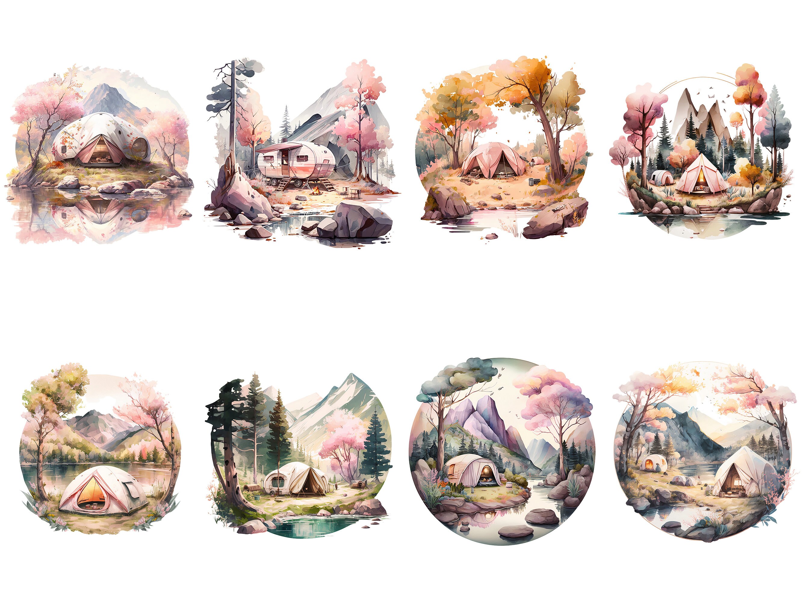 Watercolor Camping in the Woods PNG Clipart Bundle, Scrapbooking, Camp ...