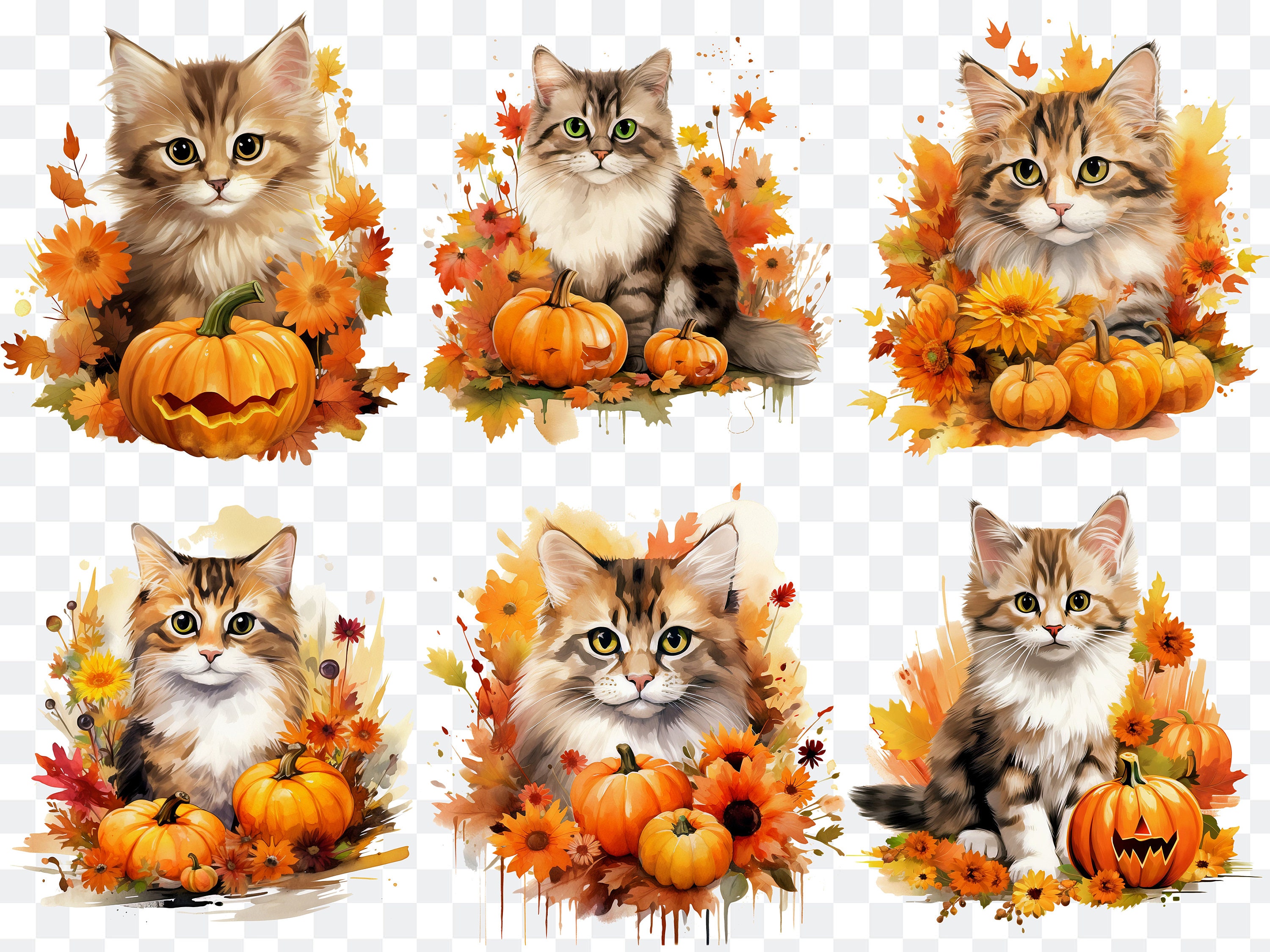 Watercolor Autumn Cats PNG Clipart Bundle, Instant Download, Cute Cats ...