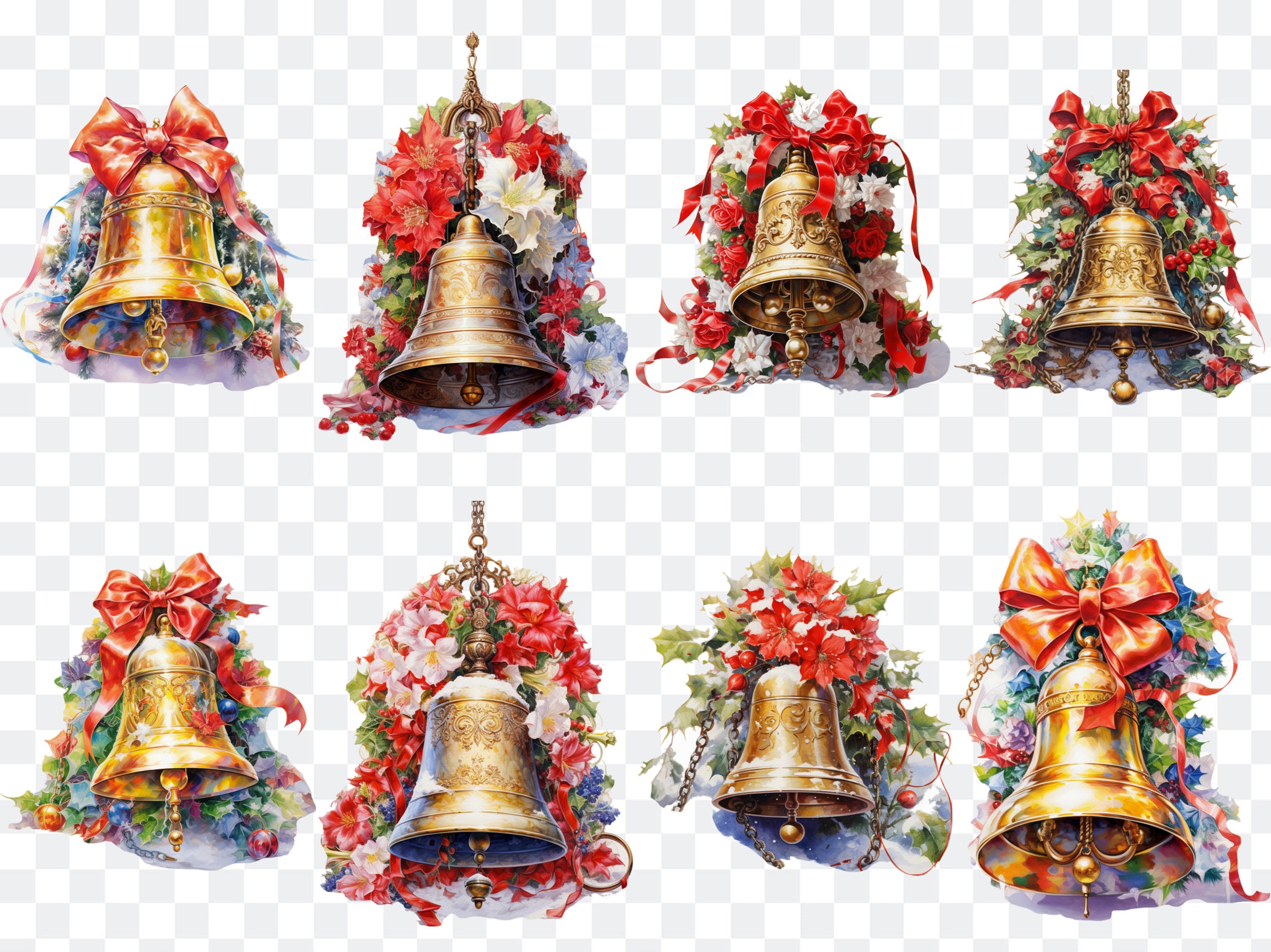 Watercolor Christmas Bell PNG Clipart Bundle Instant - Etsy