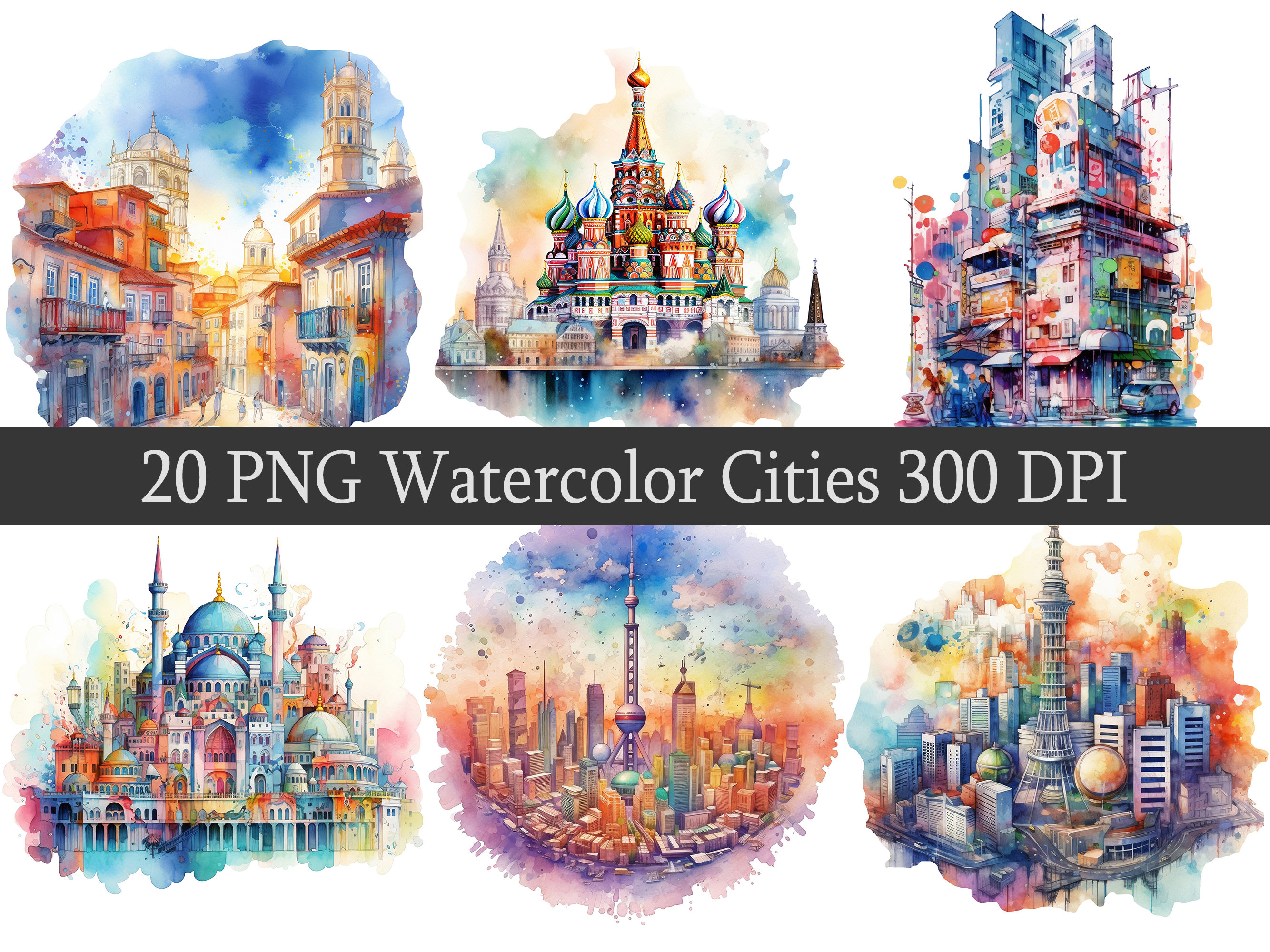 Watercolor City PNG Clipart Bundle, Scrapbooking, Capital City ...