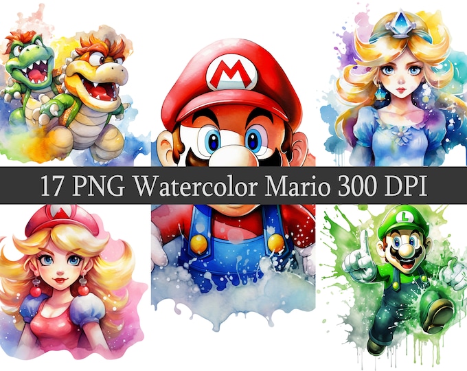 Set of 5 Watercolor Super Mario Bros Digital Images for Printing, T ...