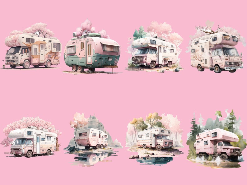 Watercolor Pink Camper Truck PNG Clip Art Bundle Scrapbooking - Etsy