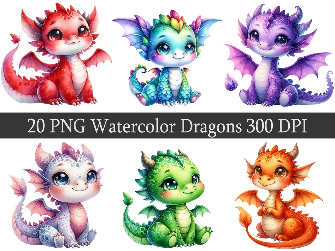 Watercolor Dragons Clipart PNG Clipart Bundle, Instant Download ...