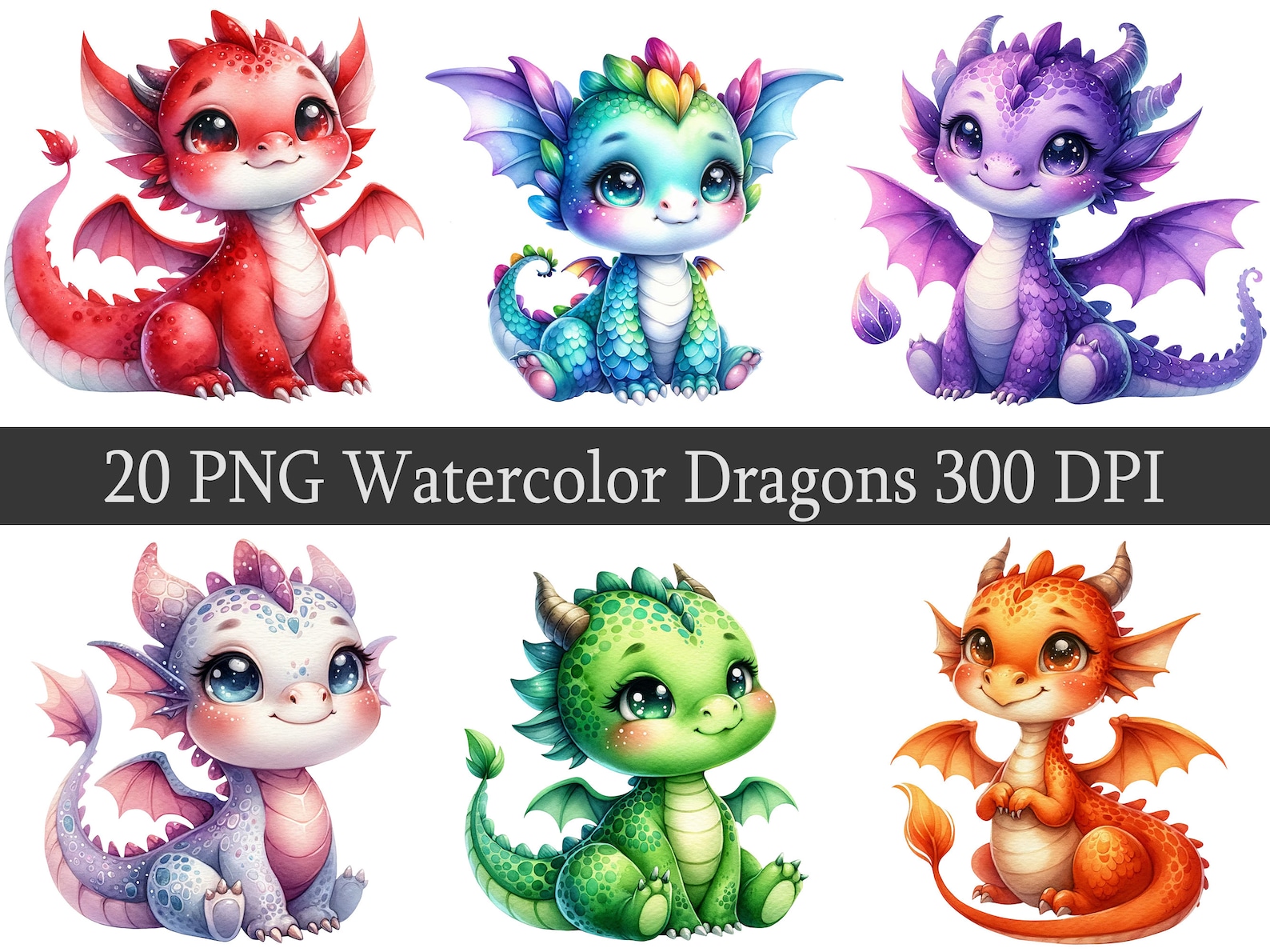 Watercolor Dragons Clipart PNG Clipart Bundle, Instant Download ...