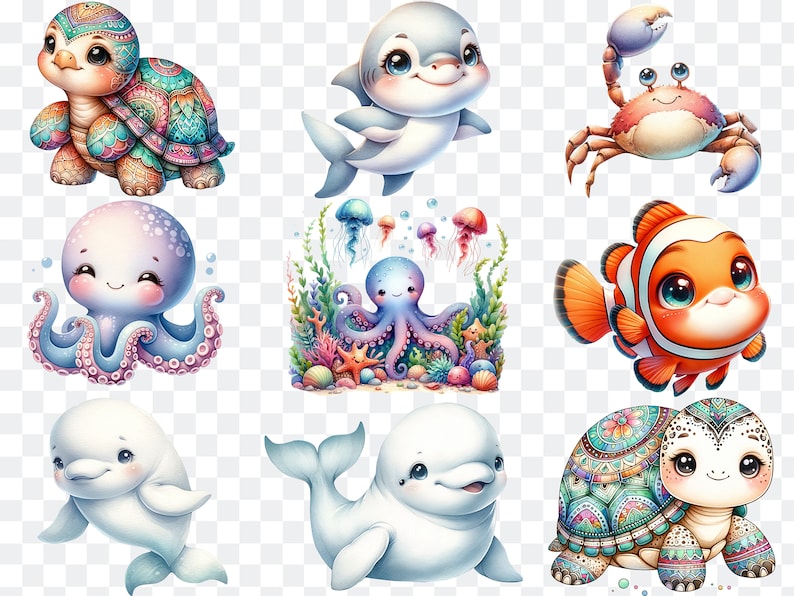 Watercolor Baby Sea Animals Clipart PNG Clipart Bundle, Instant ...