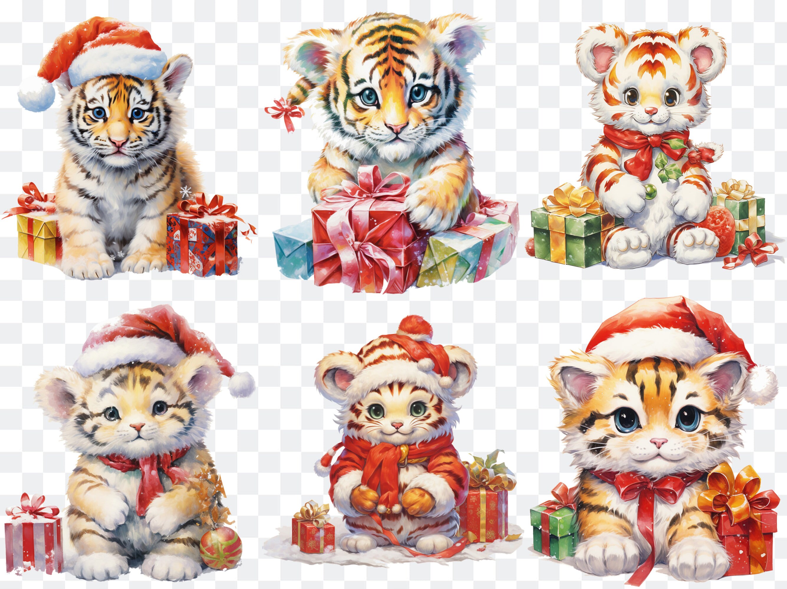 Watercolor Christmas Tiger PNG Clipart Bundle Instant - Etsy