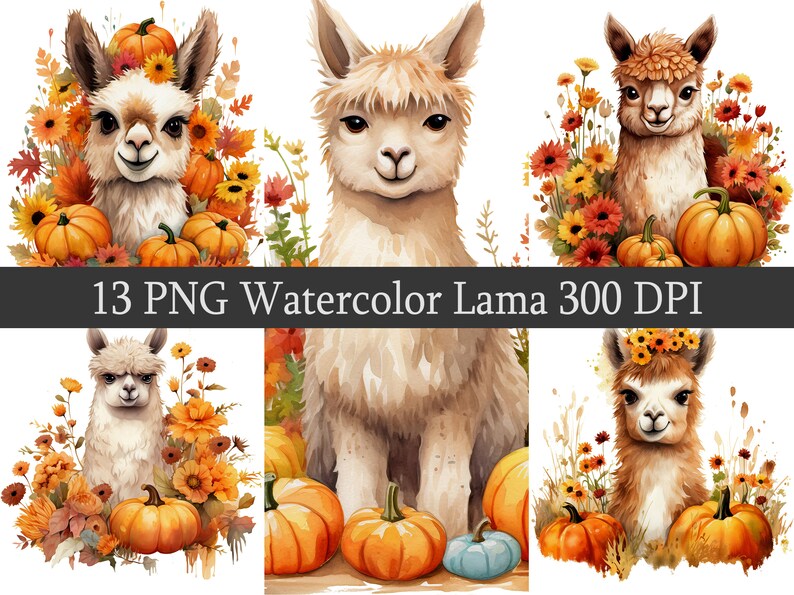 Watercolor Autumn Lama PNG Clipart Bundle, Instant Download, Cute Lama ...