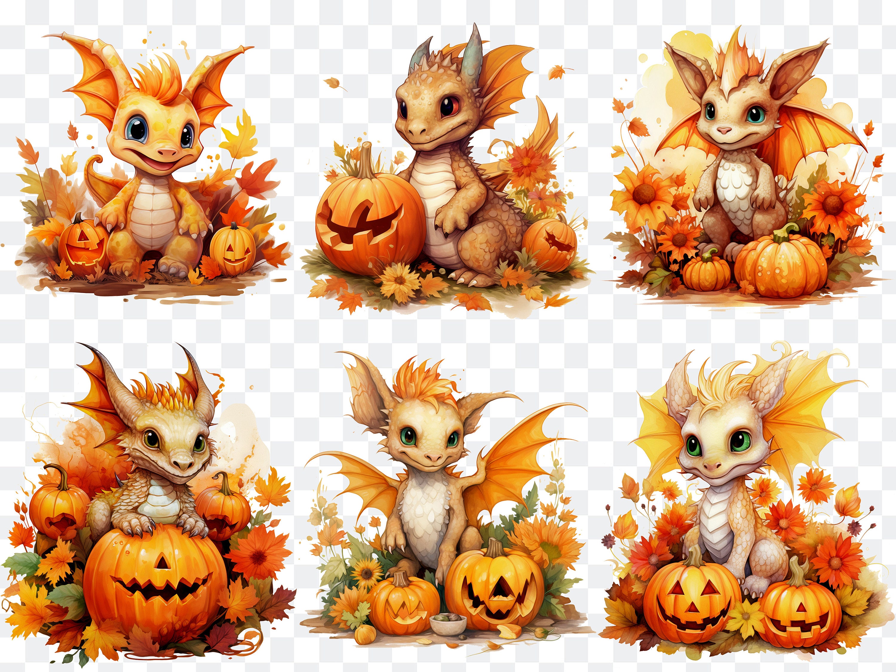 Watercolor Autumn Dragons PNG Clipart Bundle Instant - Etsy