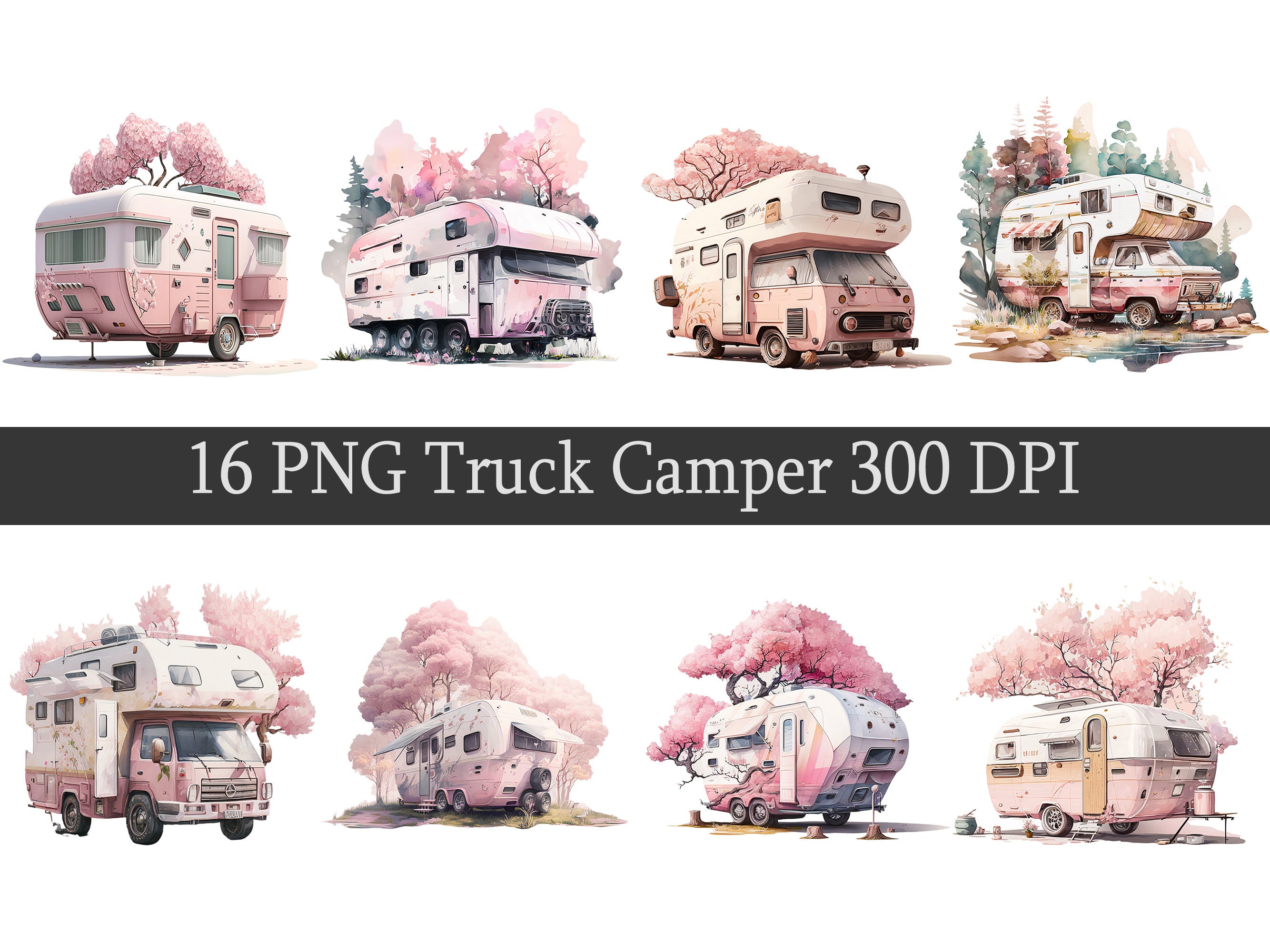 Watercolor Pink Camper Truck PNG Clip Art Bundle, Scrapbooking Clipart ...