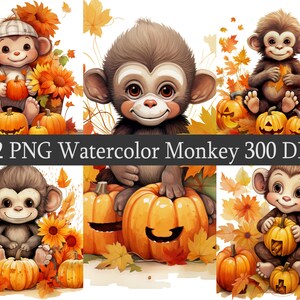 Watercolor Autumn Monkey PNG Clipart Bundle, Instant Download, Cute ...