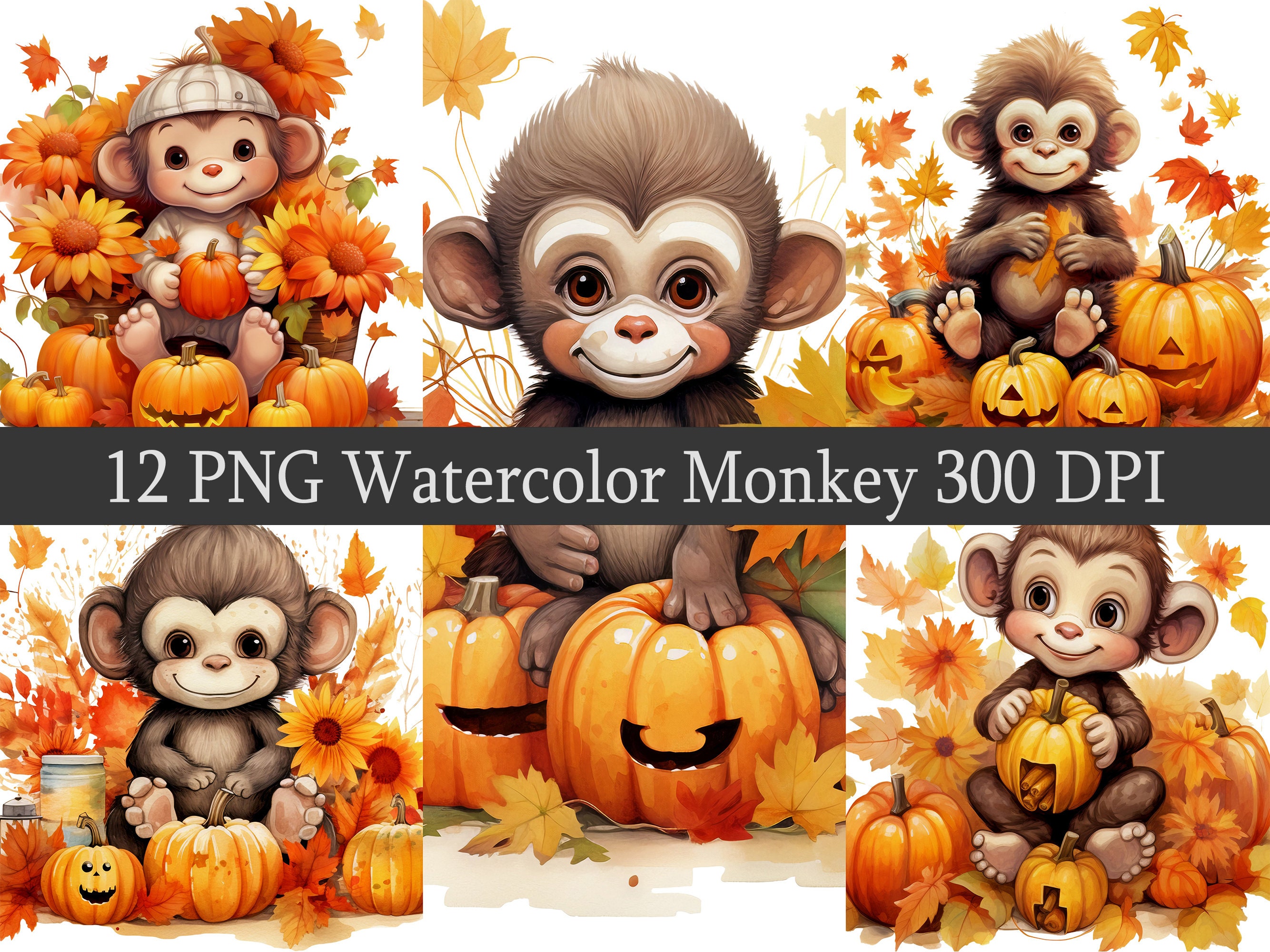 Watercolor Autumn Monkey PNG Clipart Bundle Instant Download - Etsy