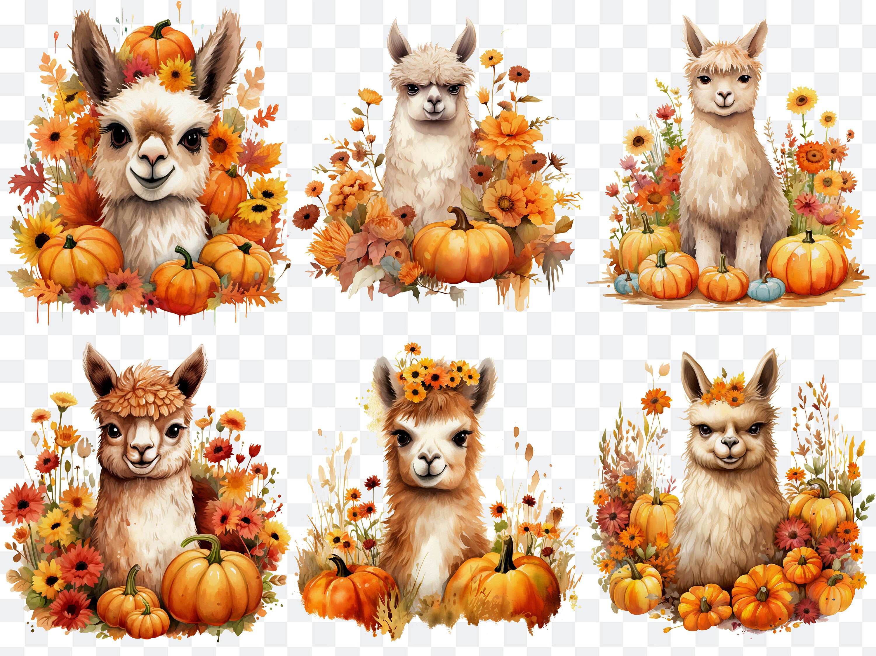 Watercolor Autumn Lama PNG Clipart Bundle, Instant Download, Cute Lama ...