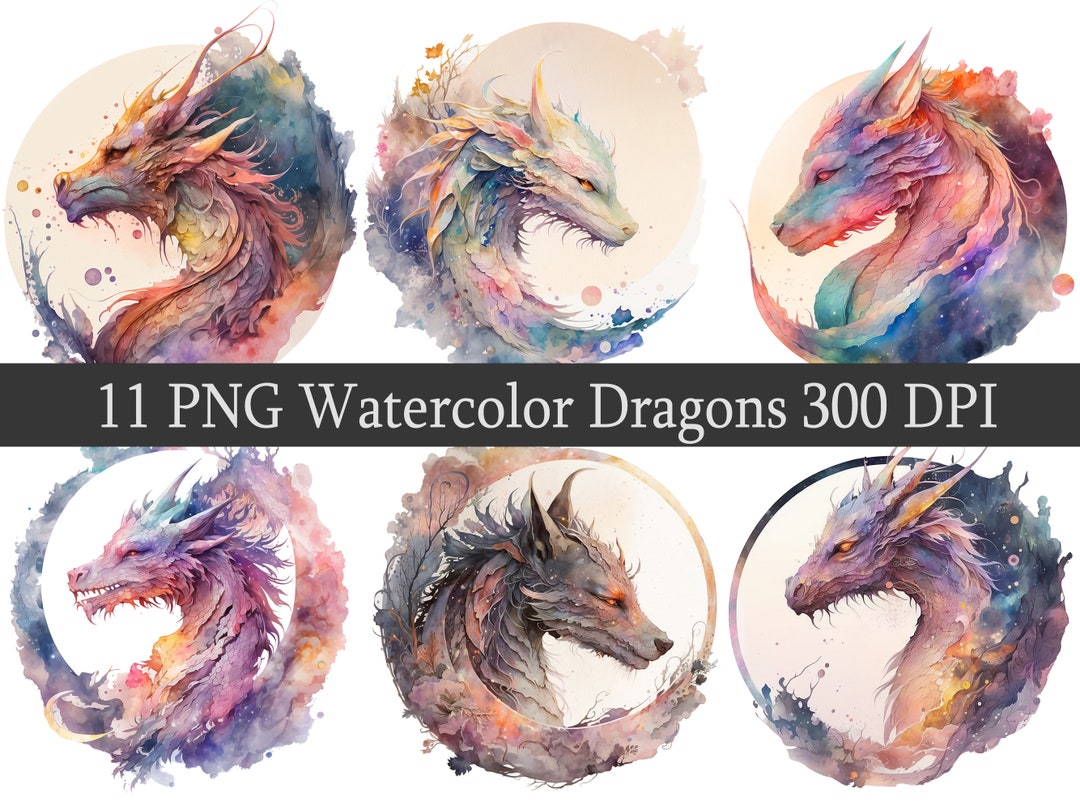 Watercolor Dragons PNG Clipart Bundle, Scrapbooking, Magical Clip Art ...