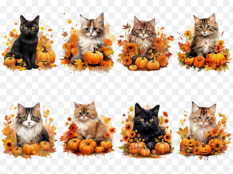 Watercolor Autumn Cats PNG Clipart Bundle, Instant Download, Cute Cats ...