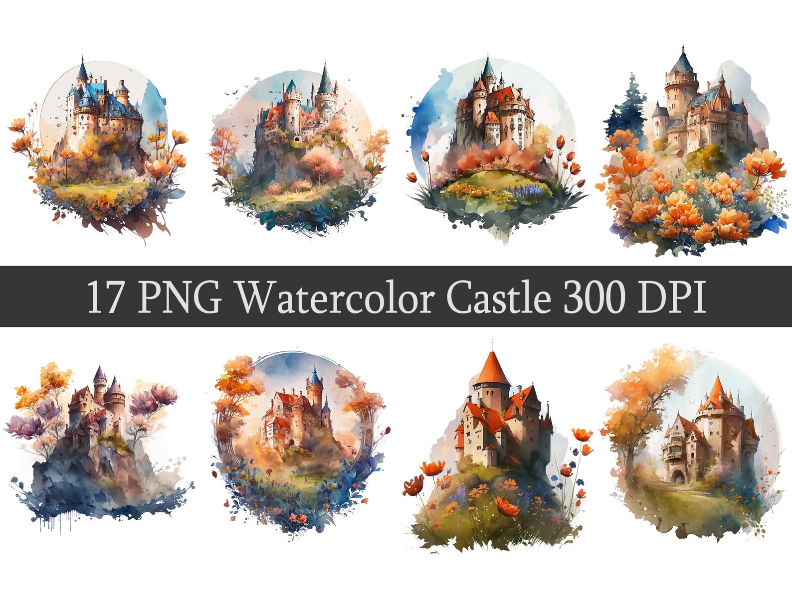 Watercolor Castle PNG Clipart Bundle, Scrapbooking, Mountain Forest ...