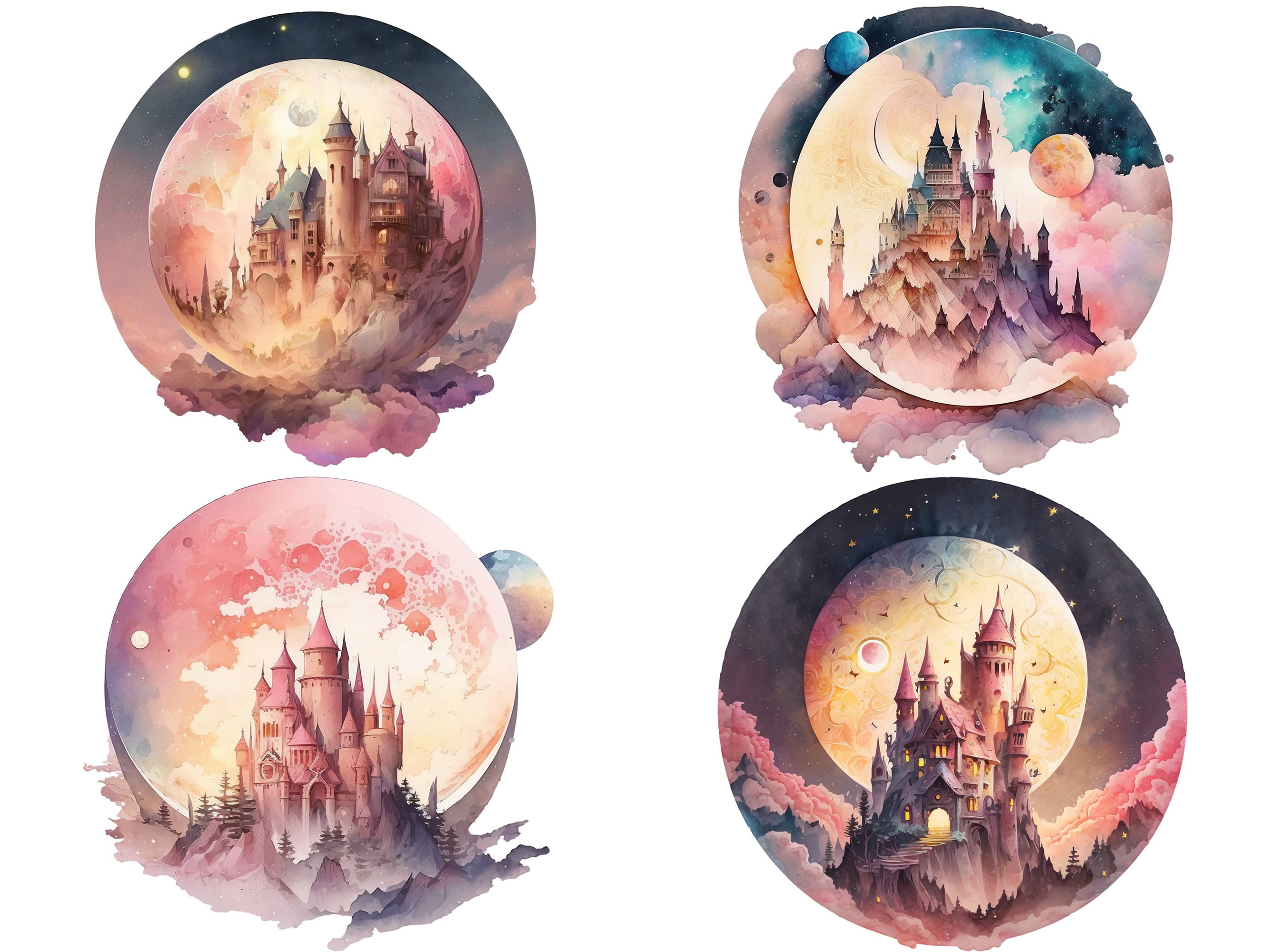 Watercolor Sky Castle PNG Clipart Bundle, Scrapbooking, Magic Castle ...