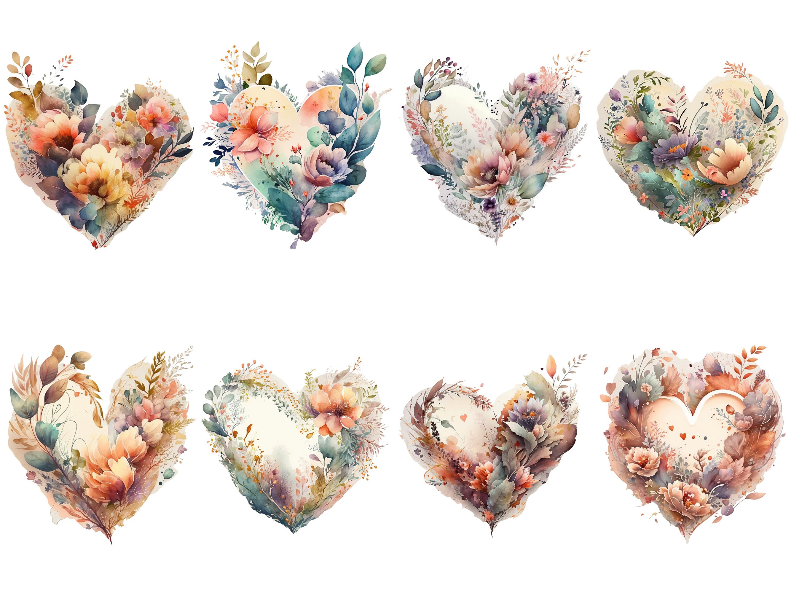 Watercolor Floral Hearts PNG Clipart Bundle Scrapbooking - Etsy