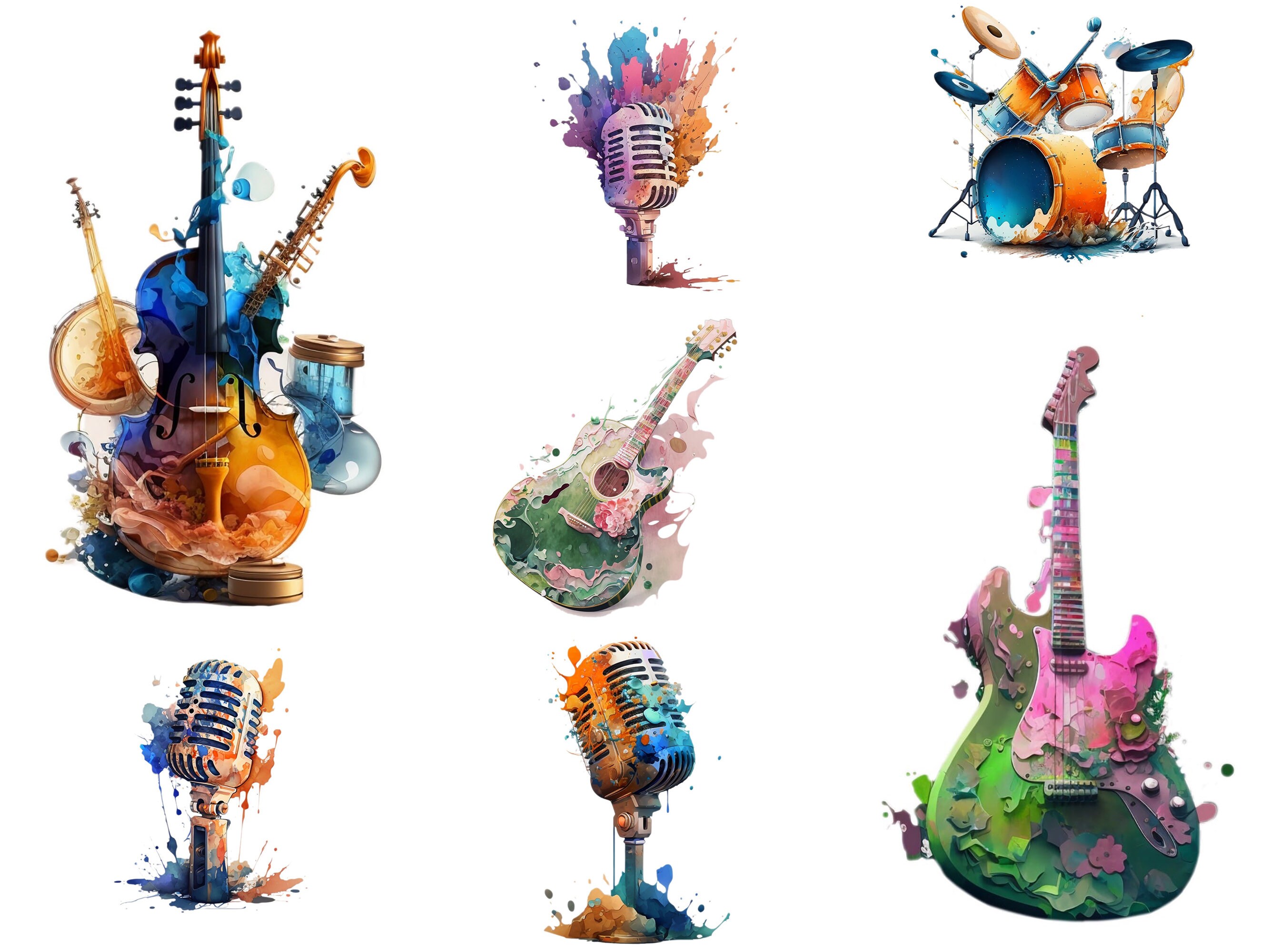Watercolor Musical Instruments PNG Clipart Bundle, Scrapbooking, Guitar ...