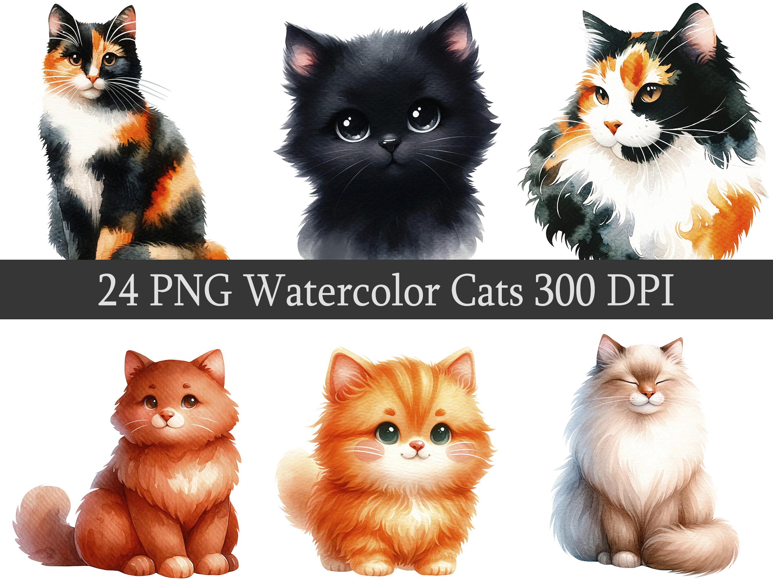 Watercolor Cats Clipart PNG Clipart Bundle, Instant Download, Cute Cat ...