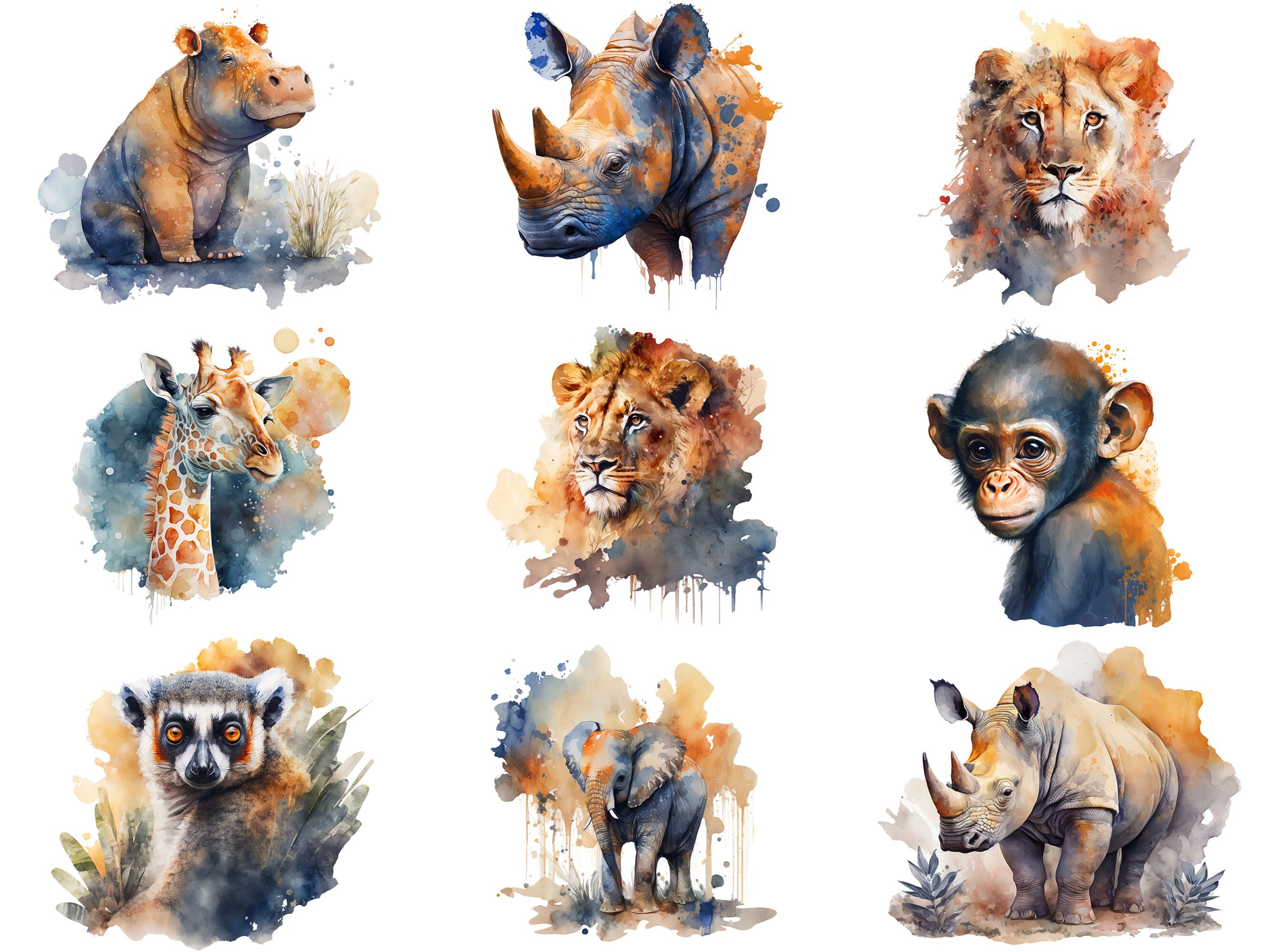 Watercolor Safari Animals PNG Clipart Bundle, Africa Wild Animals, Lion ...