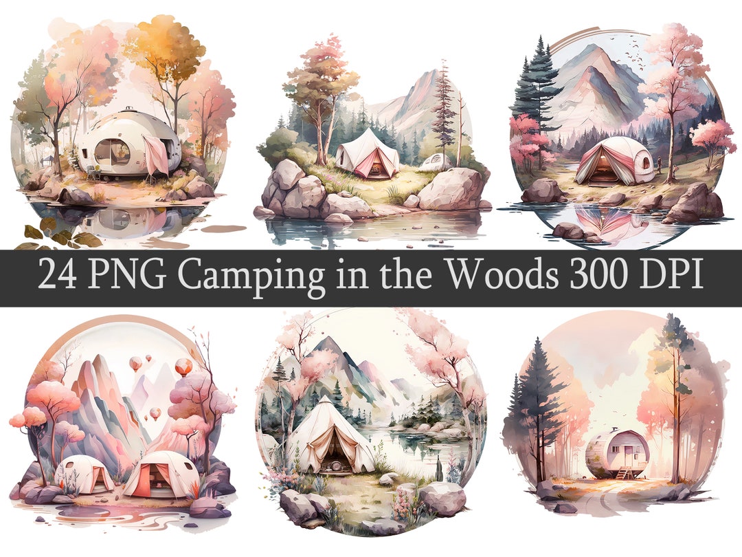 Watercolor Camping in the Woods PNG Clipart Bundle, Scrapbooking, Camp ...