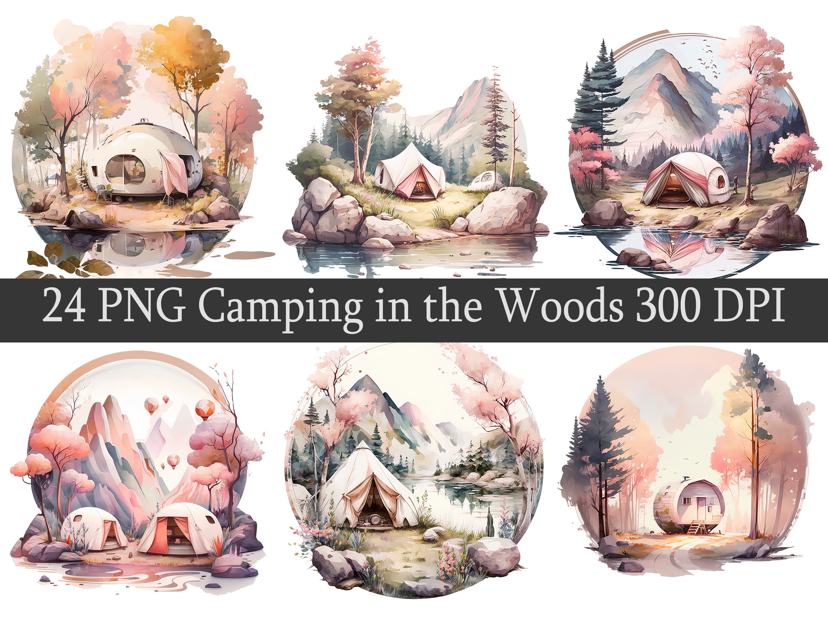 Watercolor Camping in the Woods PNG Clipart Bundle, Scrapbooking, Camp ...