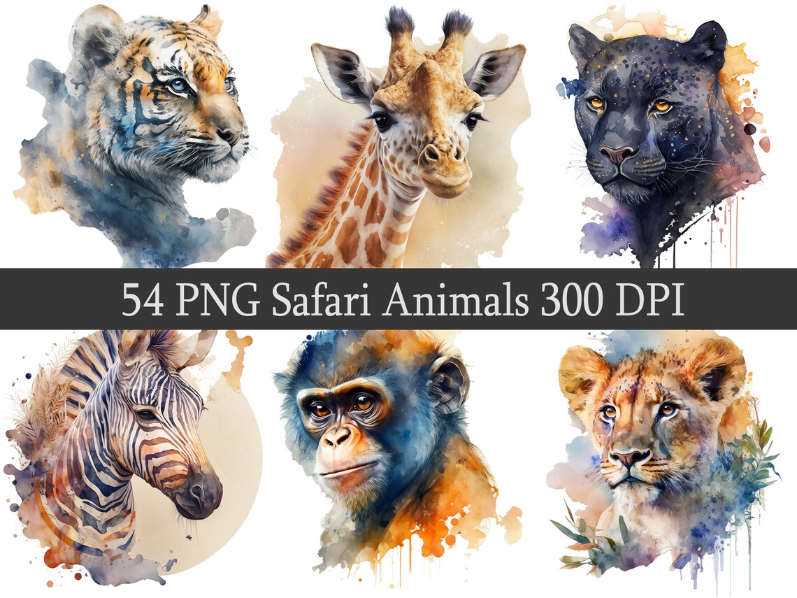 Watercolor Safari Animals PNG Clipart Bundle, Africa Wild Animals, Lion ...