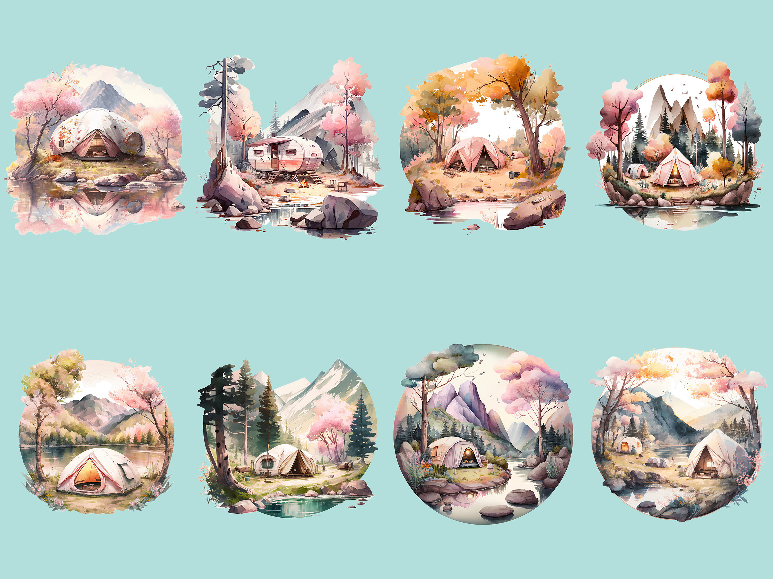 Watercolor Camping in the Woods PNG Clipart Bundle, Scrapbooking, Camp ...