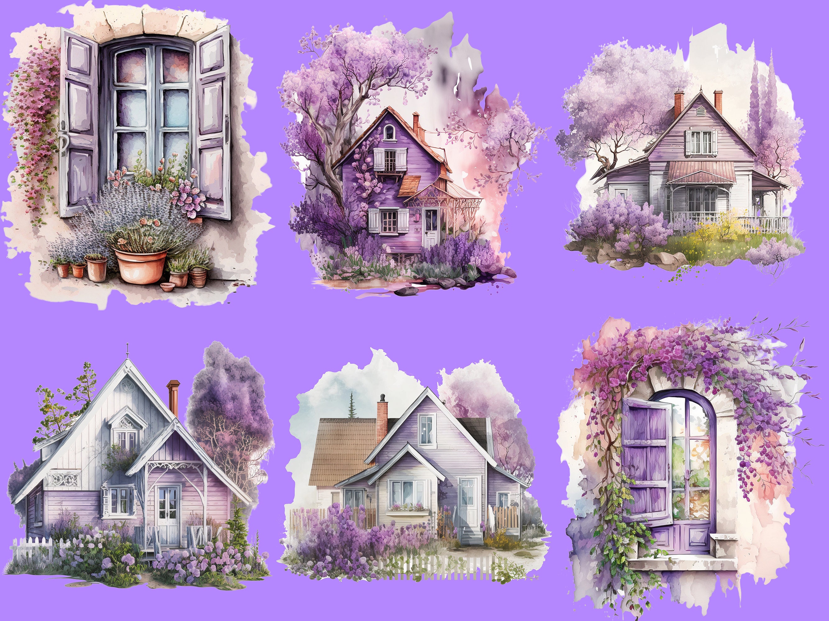 Watercolor Lavender Cottage PNG Clipart Bundle, Landscape Clip Art ...
