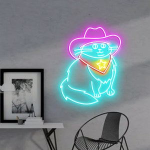 Cowboy Cat Neon Sign, Cat Led Sign, Cartoon Cat, West Cowboy Cat Neon ...
