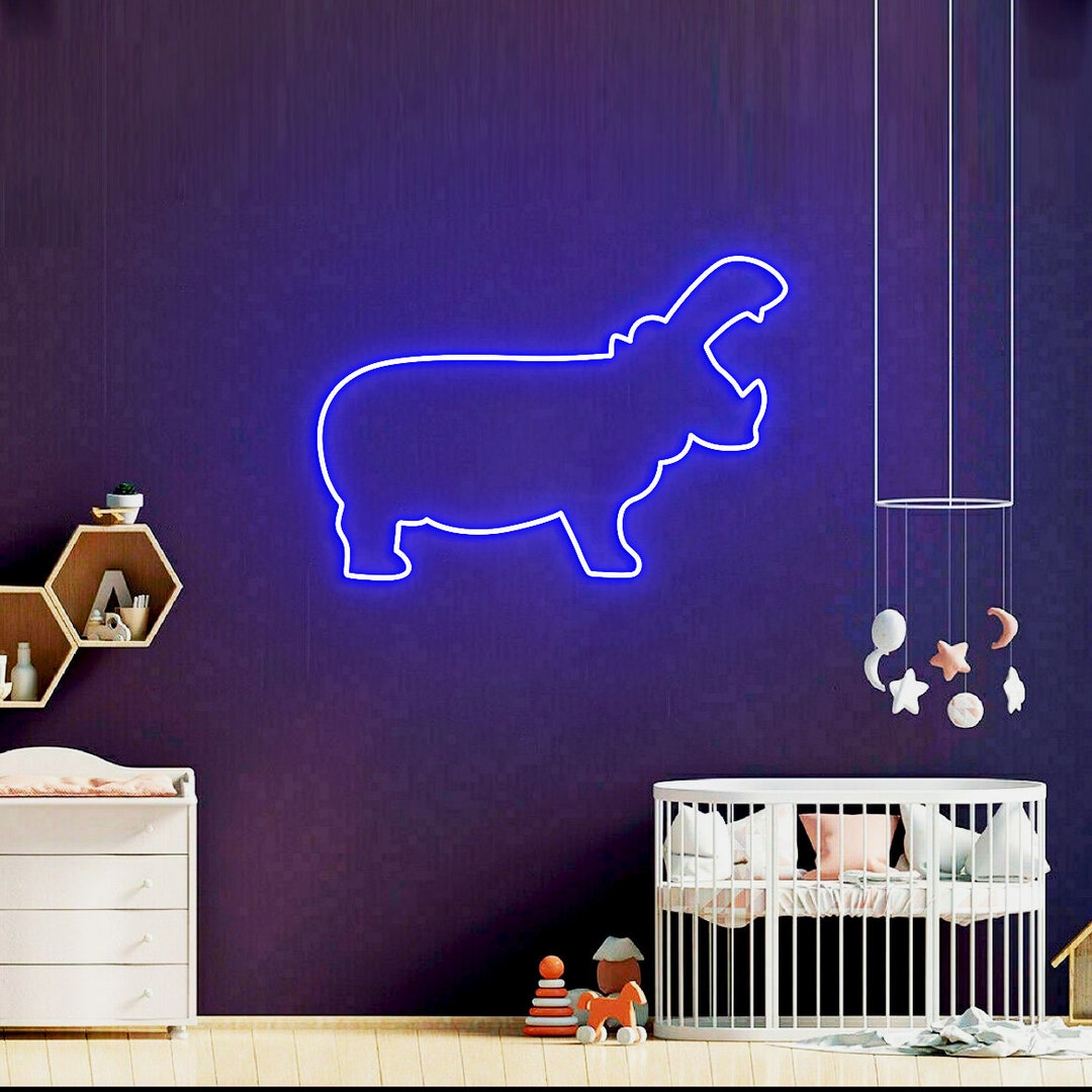 Hippo Neon Sign, Cute Hippopotamus Wall Decor, Hippo Nursery Room Wall ...