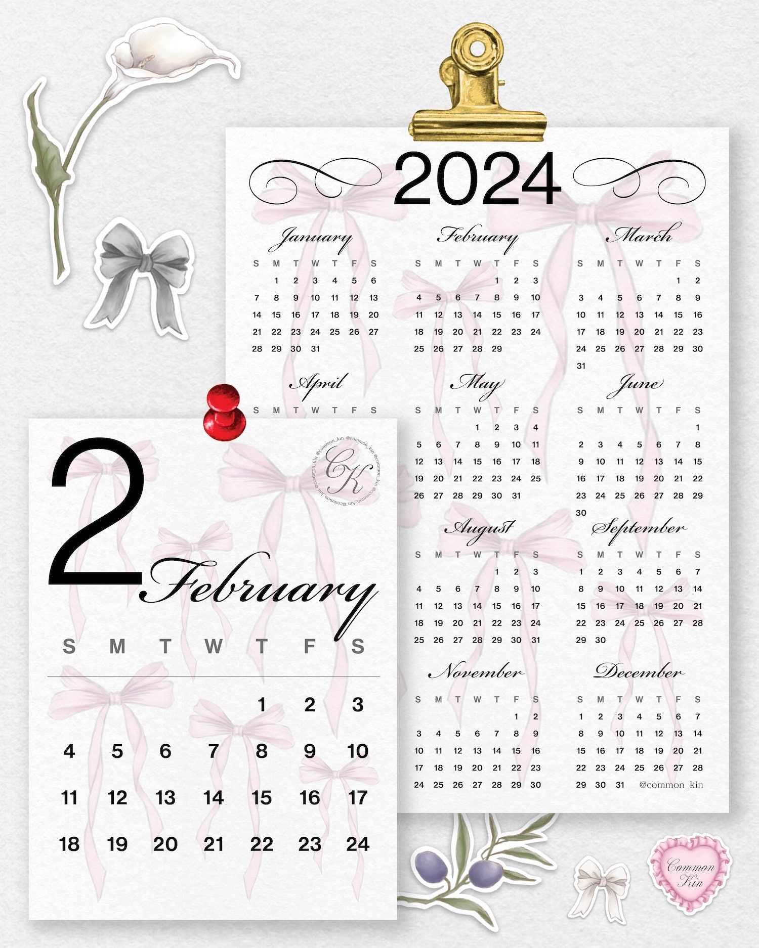 2024 Printable 8.5x11 and 5.5x7.5 Calendars Digital Download, 12 Month ...
